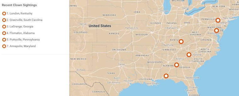 A Map Of Clown Sightings Across The US, Because They're More Common ...