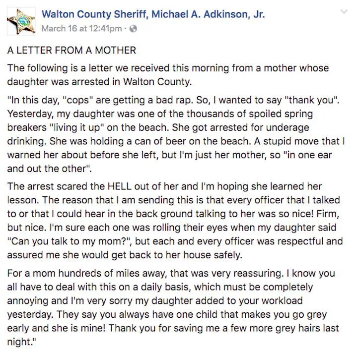 Mom Thanks Cops After Daughter's Spring Break Arrest