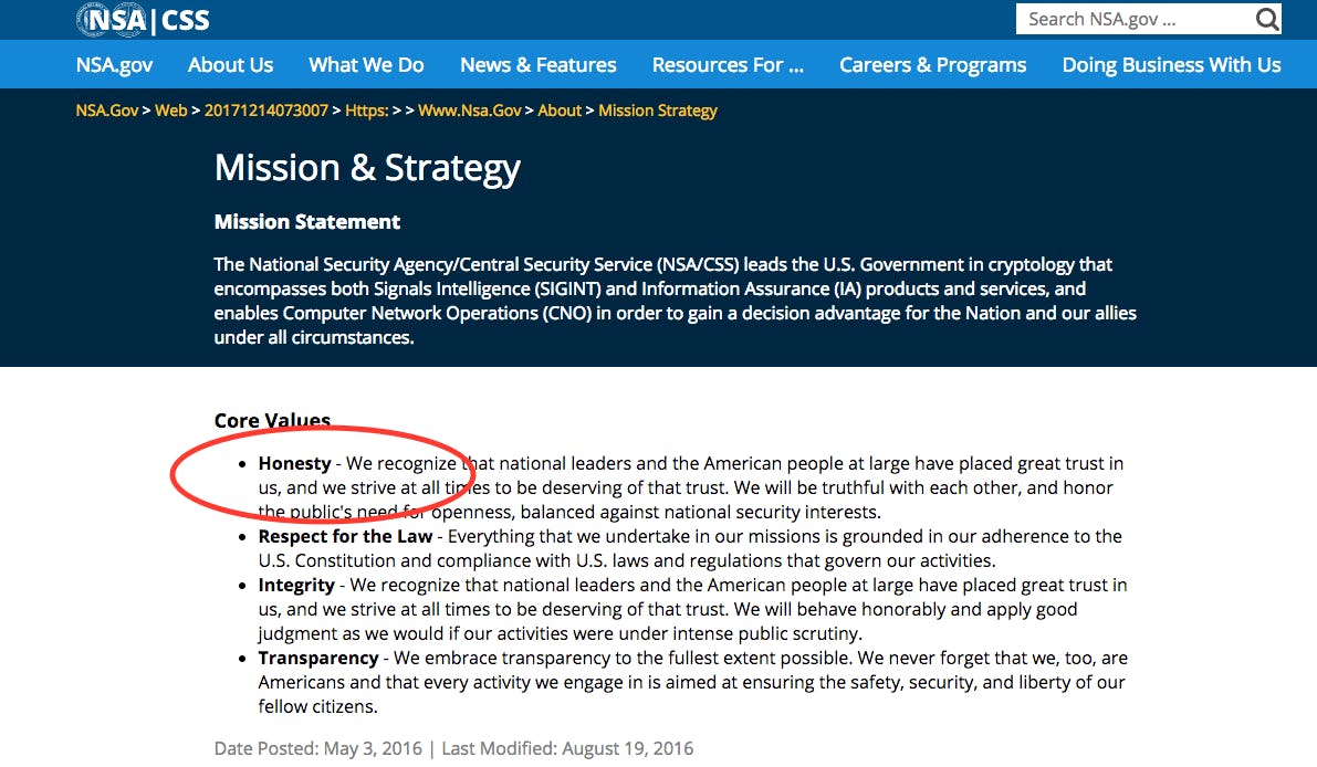 The NSA Literally Removed "Honesty" From Its Core Values