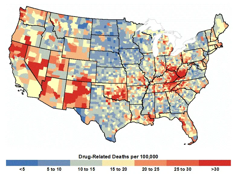 New Map Suggests Drug-Related Deaths in U.S. Are Linked to Economic Factors