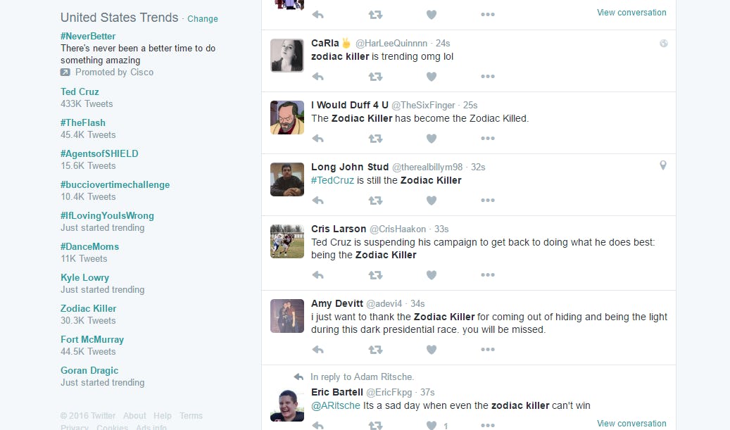 As Ted Cruz Drops Out of Race, “Zodiac Killer" Trends Worldwide
