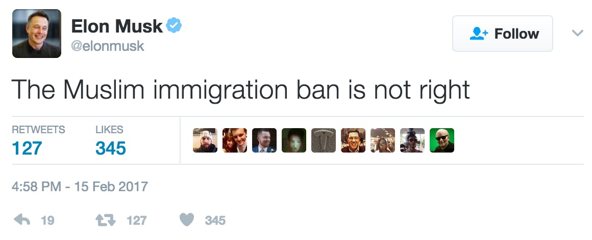 Elon Musk Tweets "The Muslim Immigration Ban Is Not Right" But Deletes It