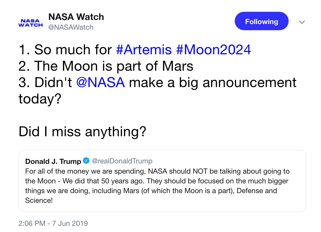 Trump Makes Three Mistakes in a One Tweet About NASA, the Moon, and Mars