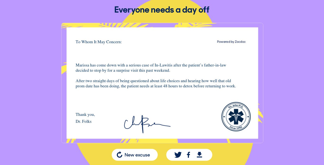 Sick Day Excuse Generator From Zocdoc Supplies All The Excuses You Wish ...
