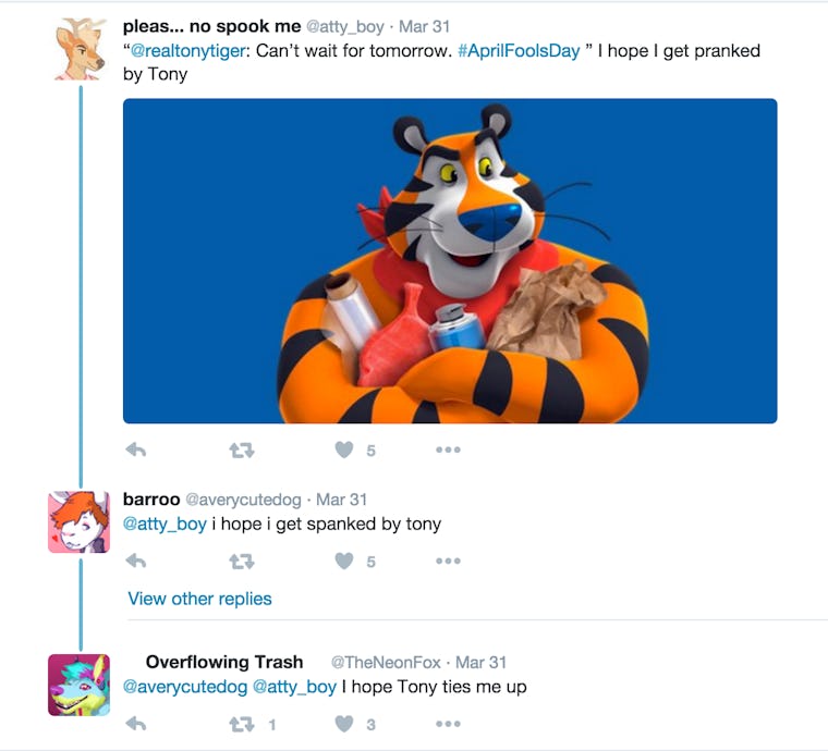 Tony The Tigers Twitter Account Keeps Getting Mentioned By Furries Looking For Sex