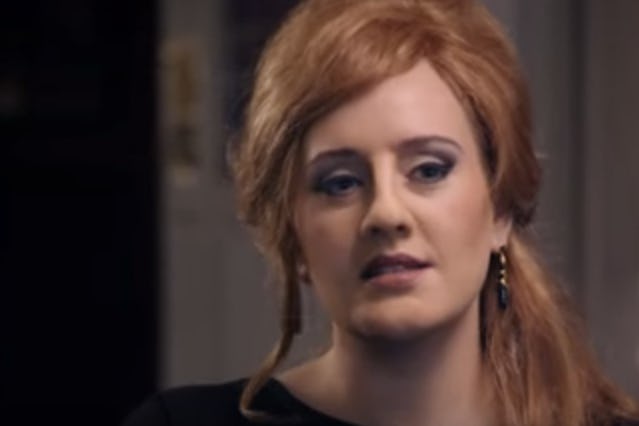 Watch Adele fool a bunch of Adele Impersonators with the help of a fake chin and fake nose
