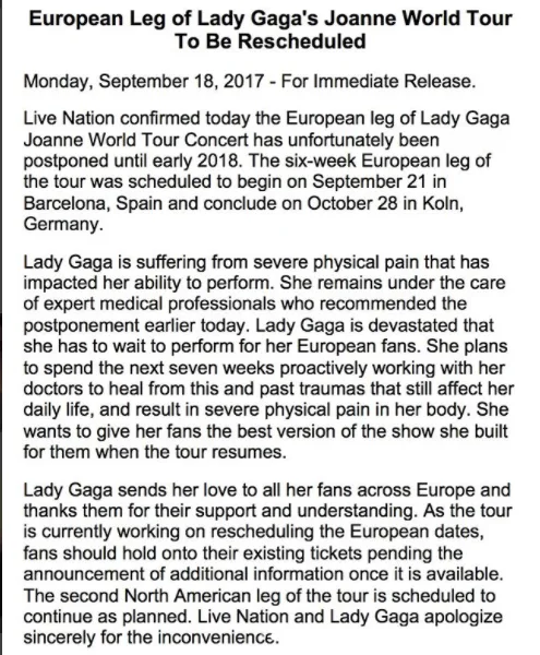 Lady Gaga Explains Why She’s Cancelling Tour In Emotional Letter To Fans