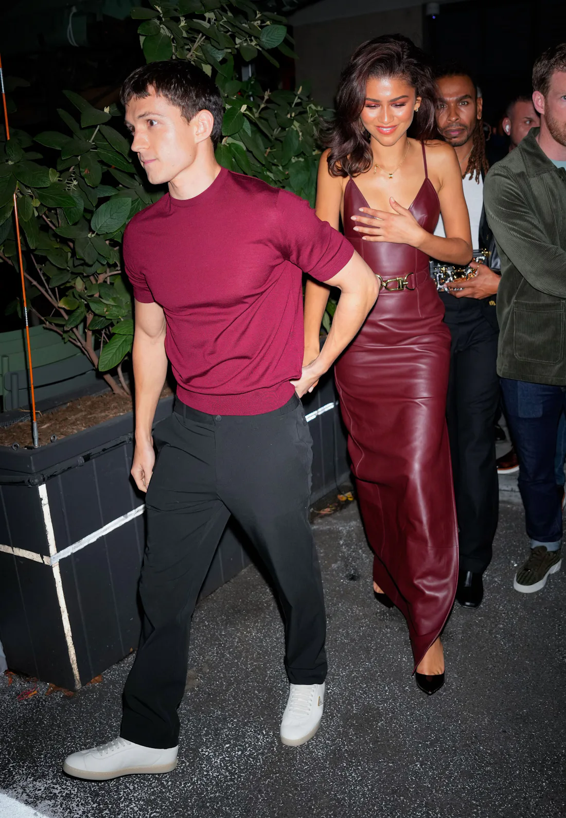 Zendaya Twinned With Tom Holland In A Plunging Leather Maxi