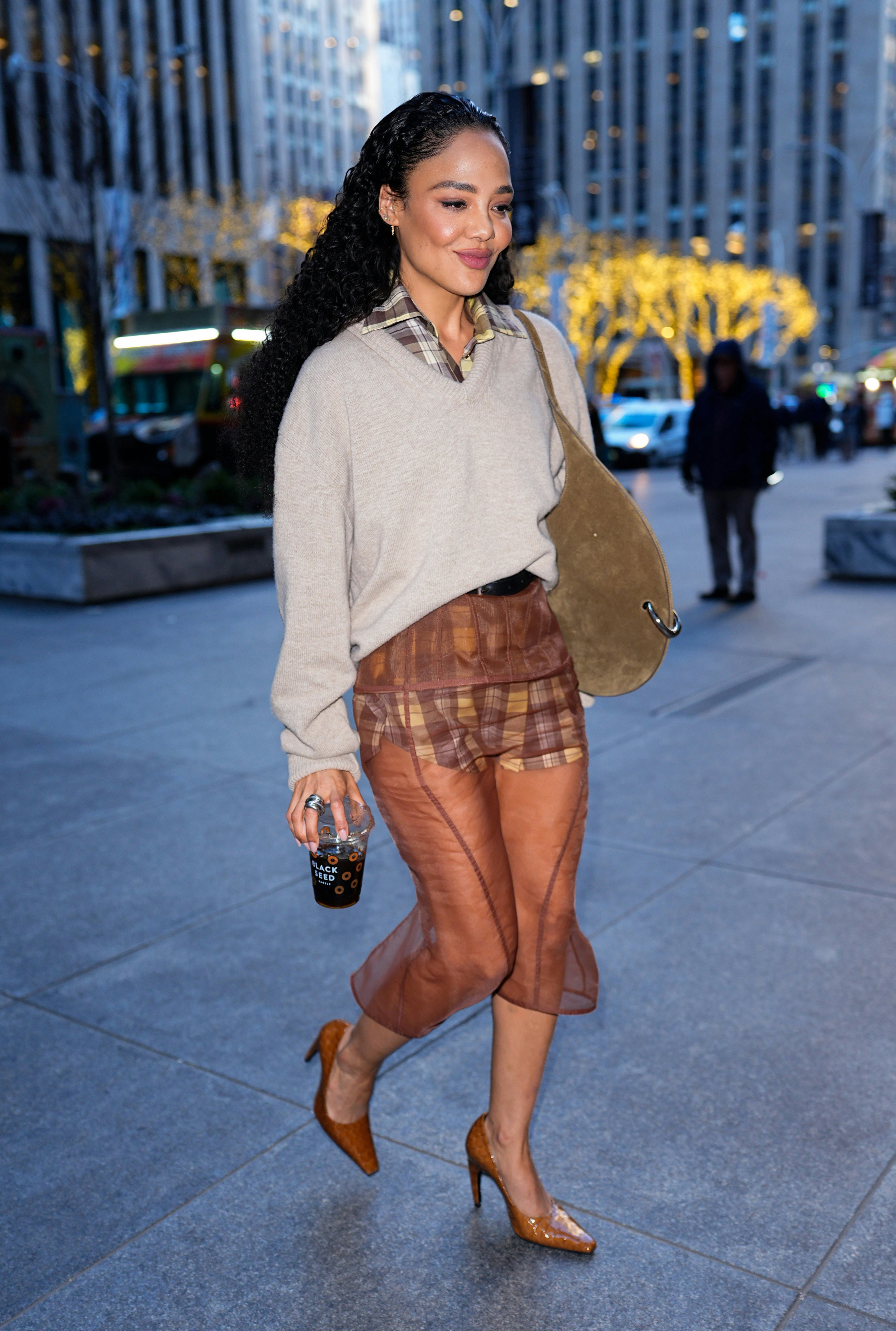 Tessa Thompson's Sheer Skirt and Sweater Is Far From Basic