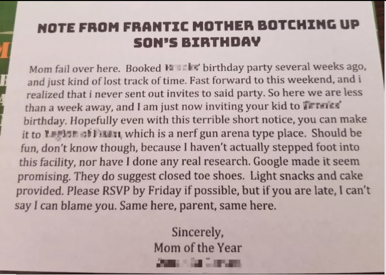 "Frantic" Mom's Birthday Invitation Has Parents Nodding In Sympathy