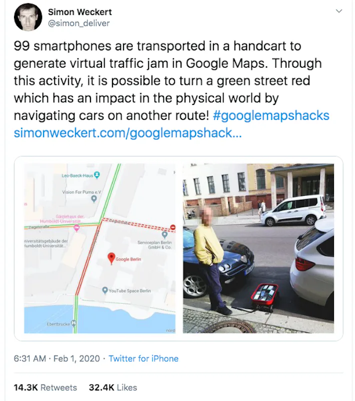 Video shows artist creating "traffic jam" on Google Maps — using 99 ...