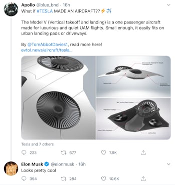 Tesla electric aircraft: Elon Musk responds to ‘Model V’ concept VTOL