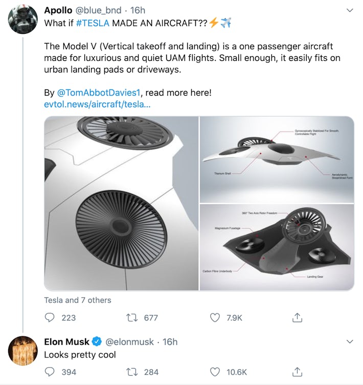 Tesla electric aircraft: Elon Musk responds to ‘Model V’ concept VTOL