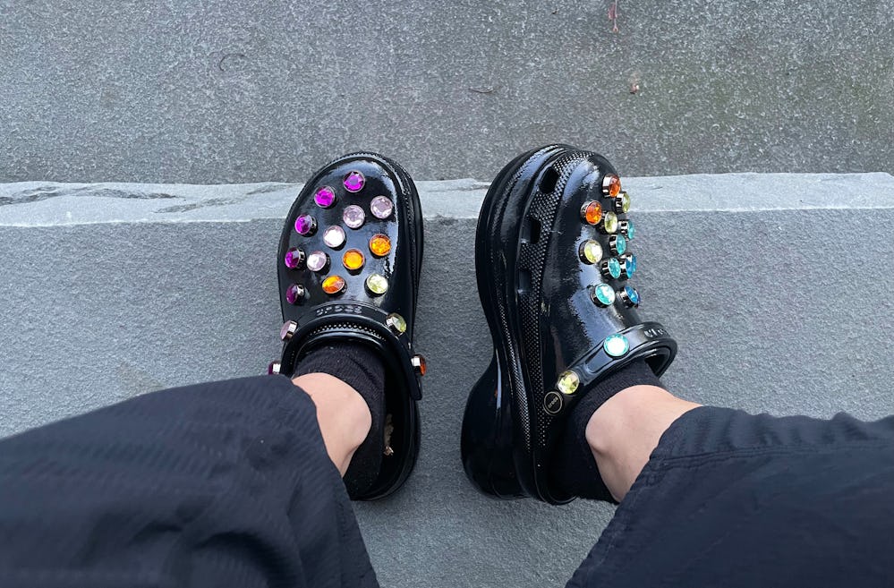 Wearing Crocs’ bejeweled Kurt Geiger platform slippers: Ready to party