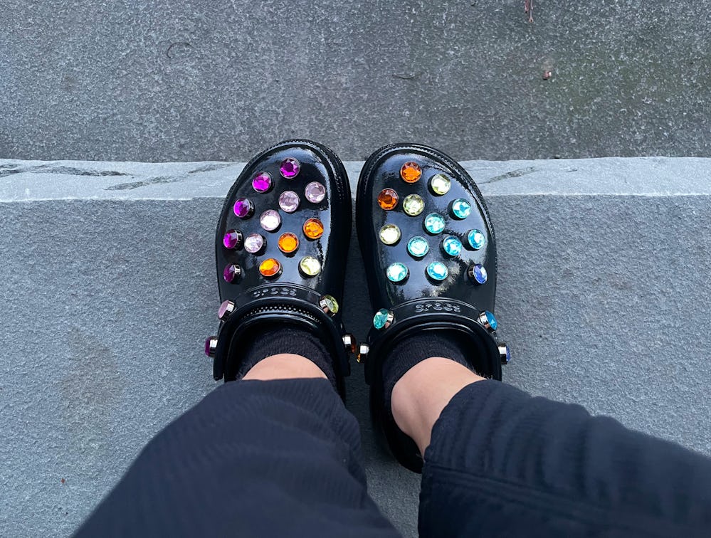 Wearing Crocs’ bejeweled Kurt Geiger platform slippers: Ready to party