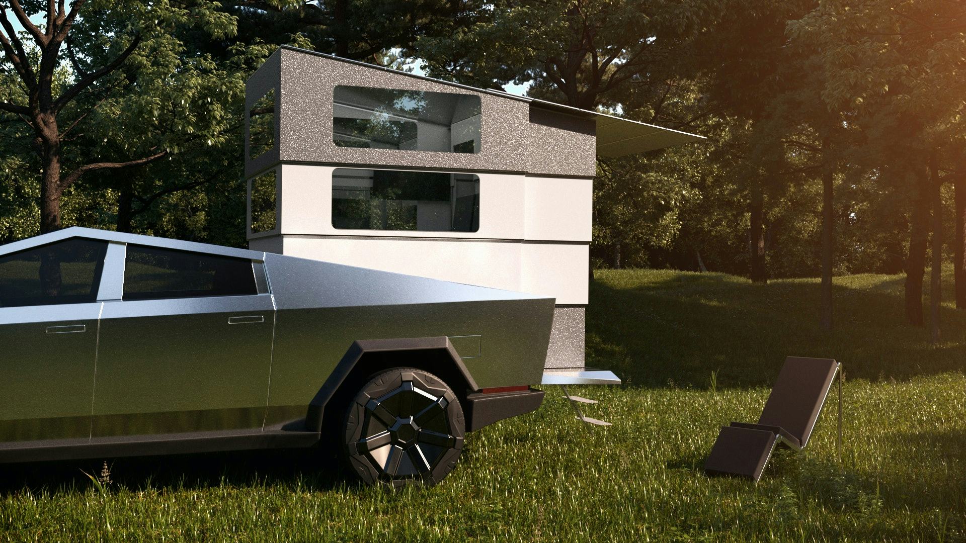 This Cybertruck camper morphs into a kitchen and full-on bathroom
