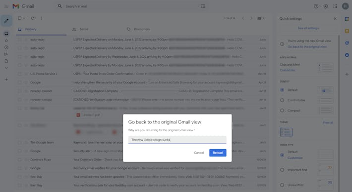 How to change Gmail back to original layout view