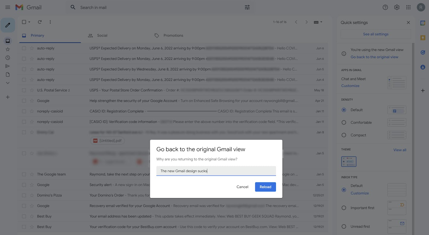 How to change Gmail back to original layout view