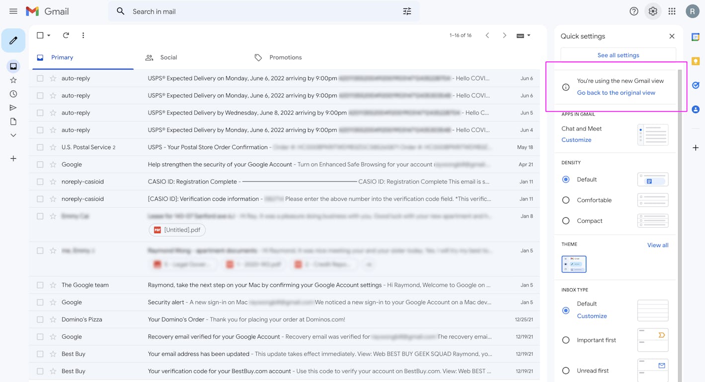 How to change Gmail back to original layout view