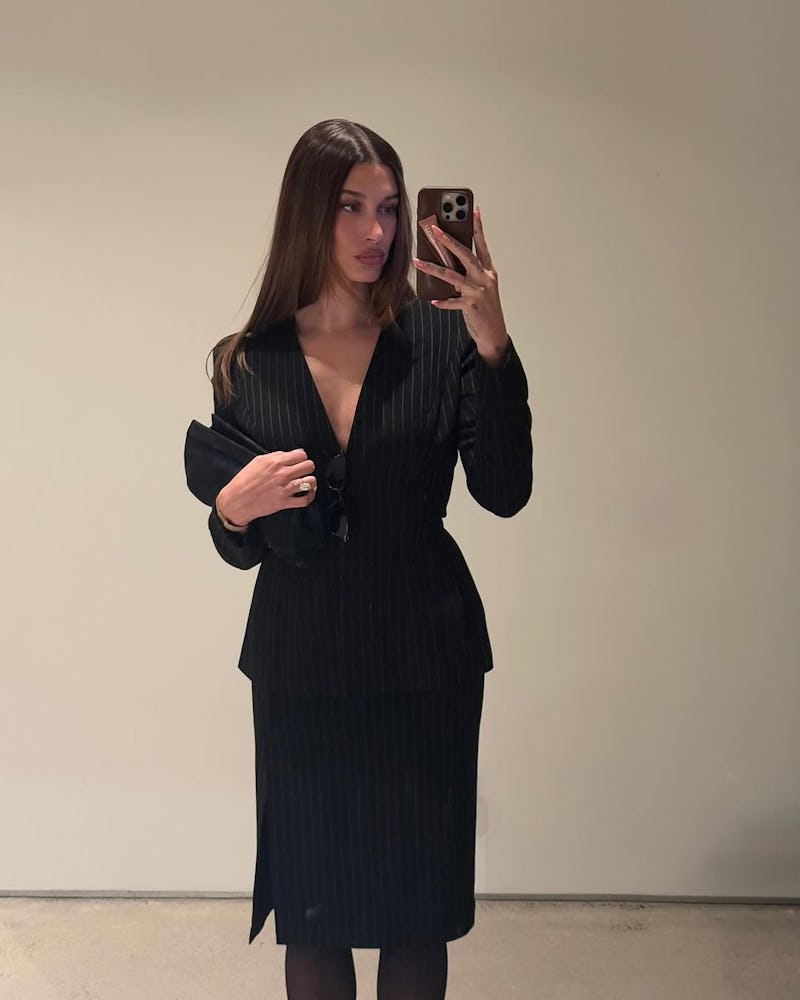Hailey Bieber's ’80s-Era Plunging Skirt Suit Was Peak Corp Sleaze